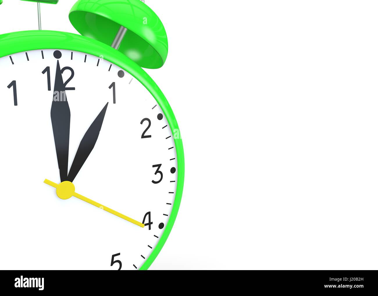 Green alarm clock on isolated background show time 1:00. 3d ...