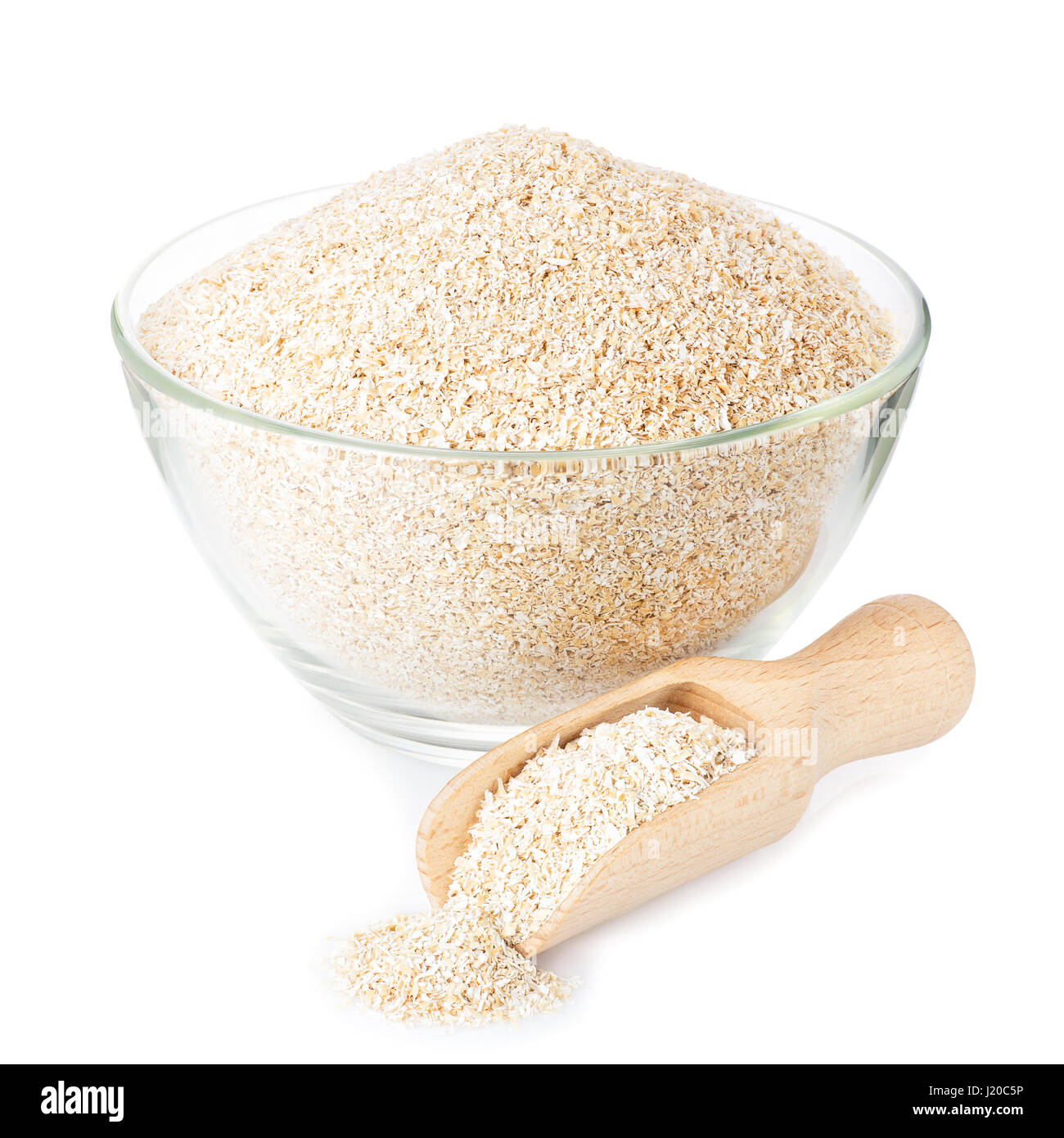 bran in glass bowl with wooden scoop isolated on white background. Food ...