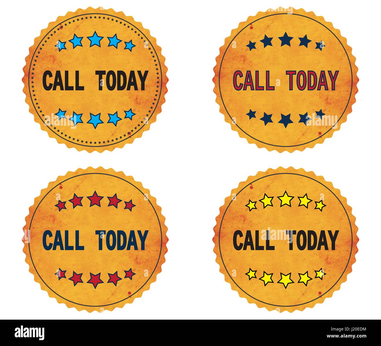 CALL TODAY text, on round wavy border vintage stamp badge, in color set ...
