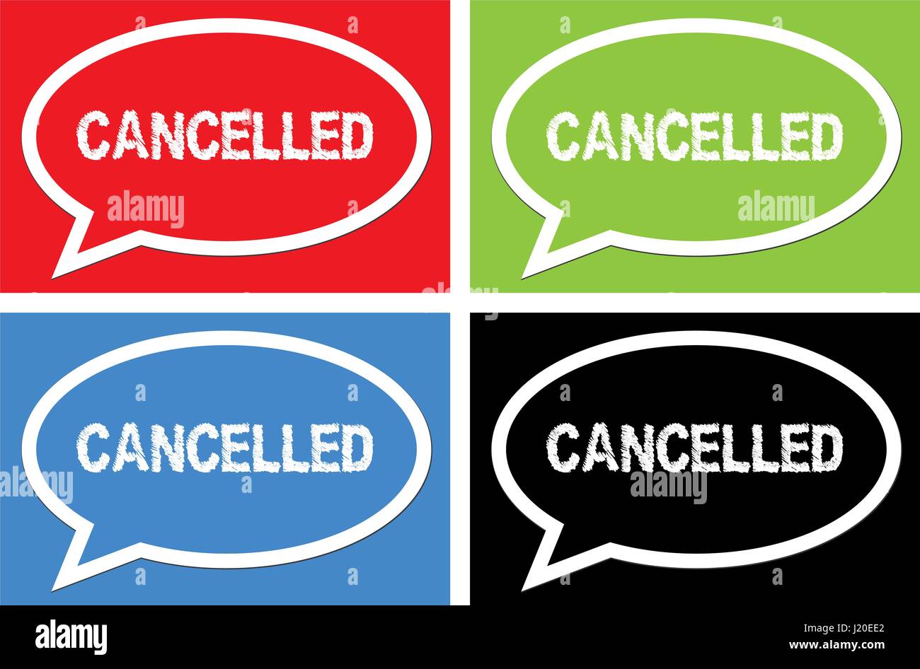 CANCELLED text, on ellipse speech bubble sign, in color set Stock Photo ...