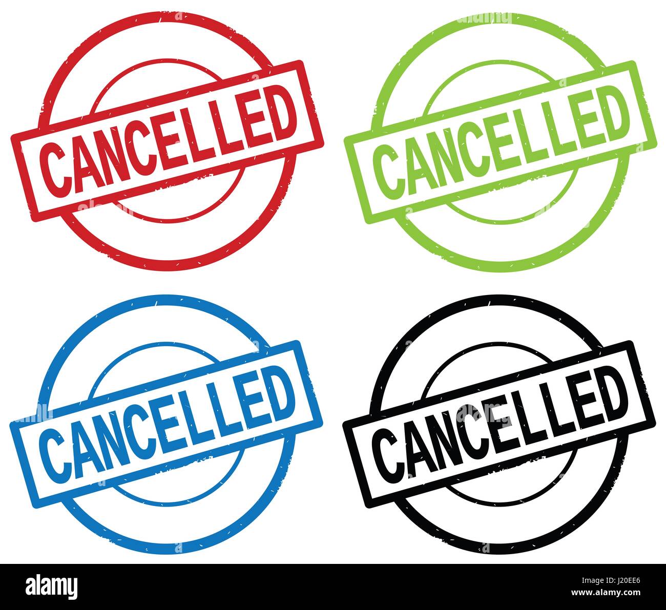 CANCELLED text, on round simple stamp sign, in color set Stock Photo ...