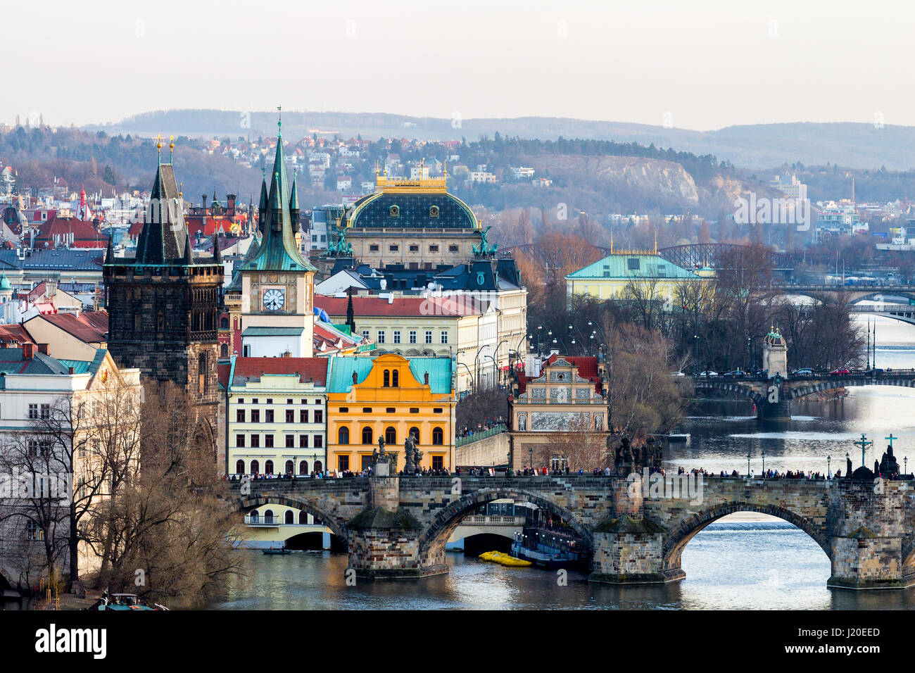 Charles Bridge (Karluv Most) and Old Town Tower, the most beautiful bridge in Czechia. Prague ...