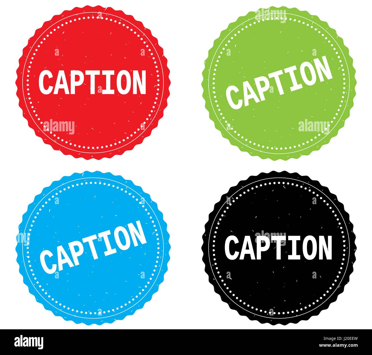 CAPTION text, on round wavy border stamp badge, in color set Stock ...