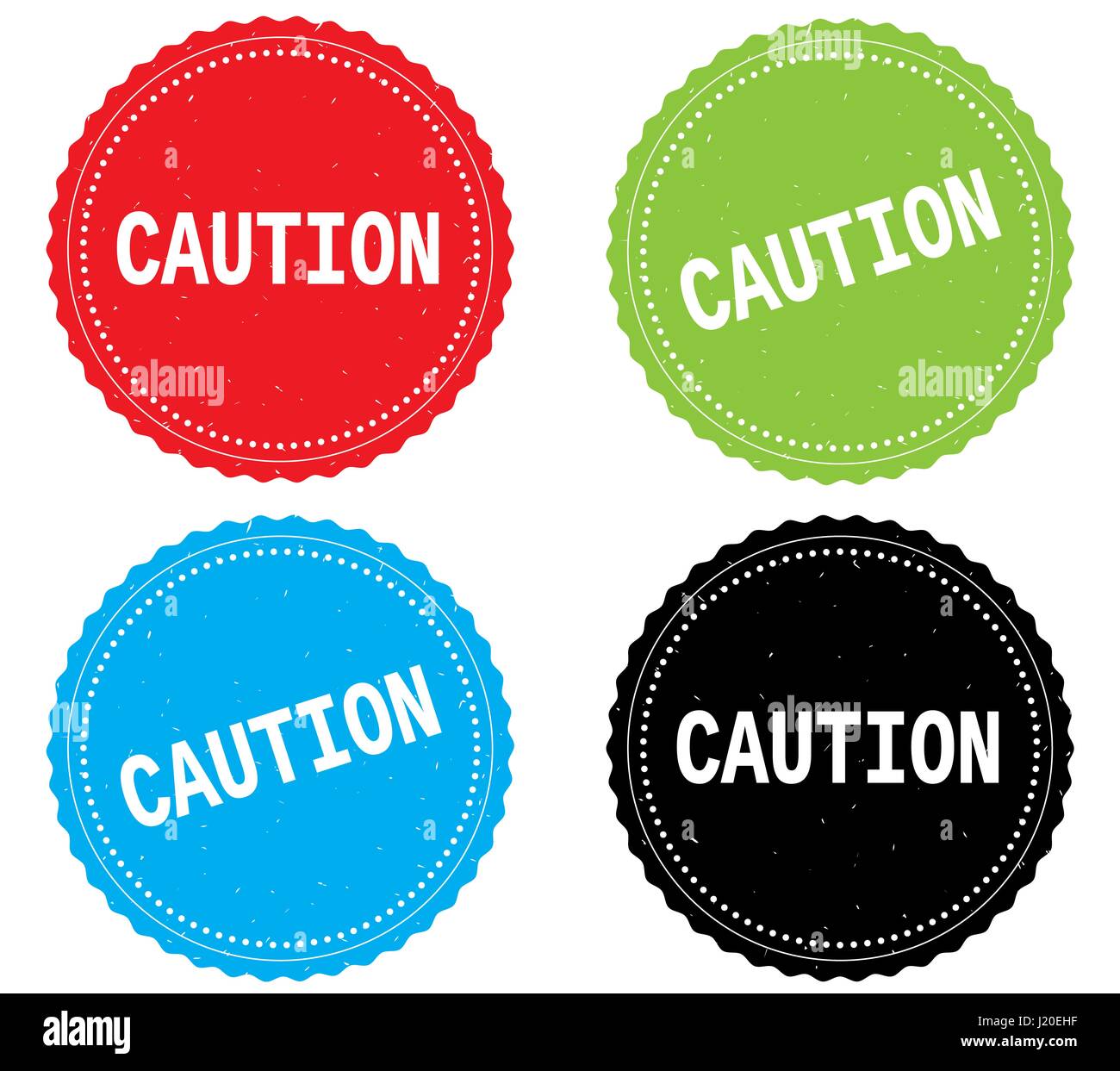 CAUTION text, on round wavy border stamp badge, in color set Stock ...