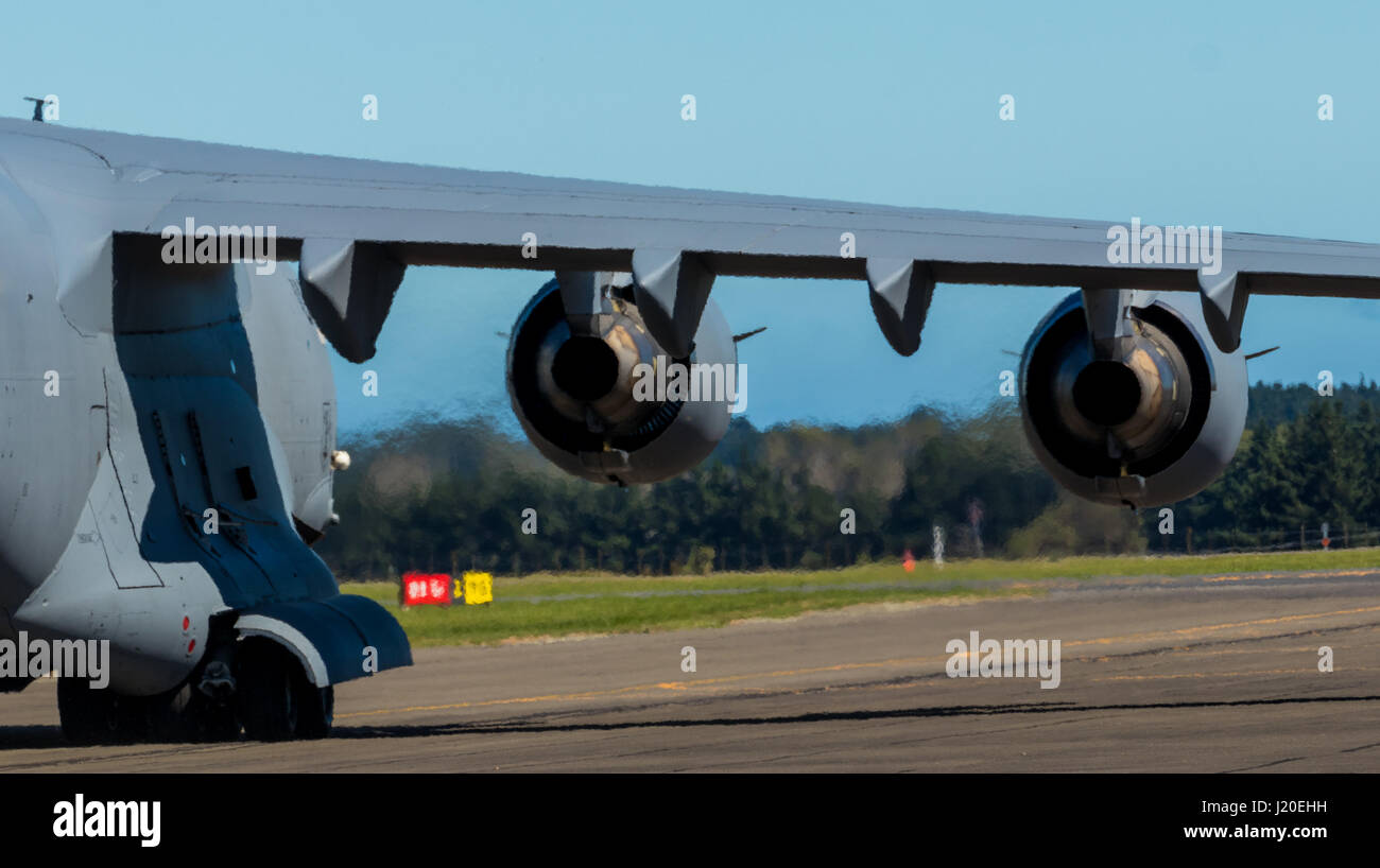 Two large jet engine on this air force plane show the power they have ...