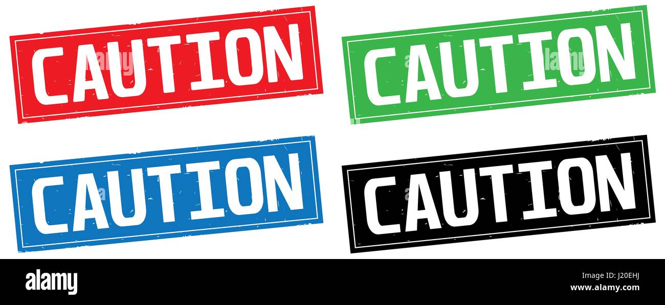 CAUTION text, on rectangle stamp sign, in color set Stock Photo - Alamy
