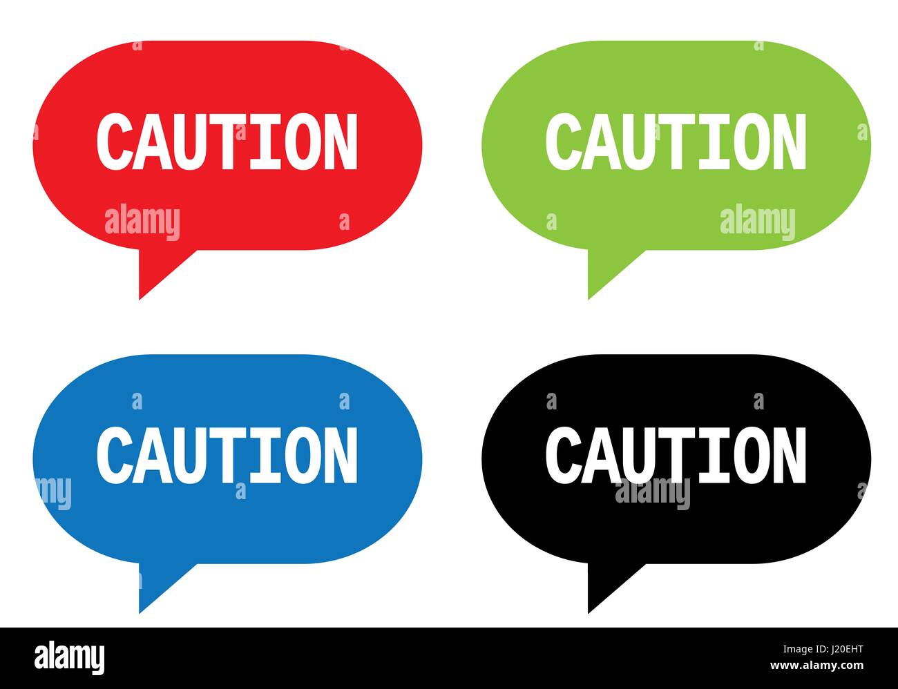 CAUTION text, on rectangle speech bubble sign, in color set Stock Photo ...
