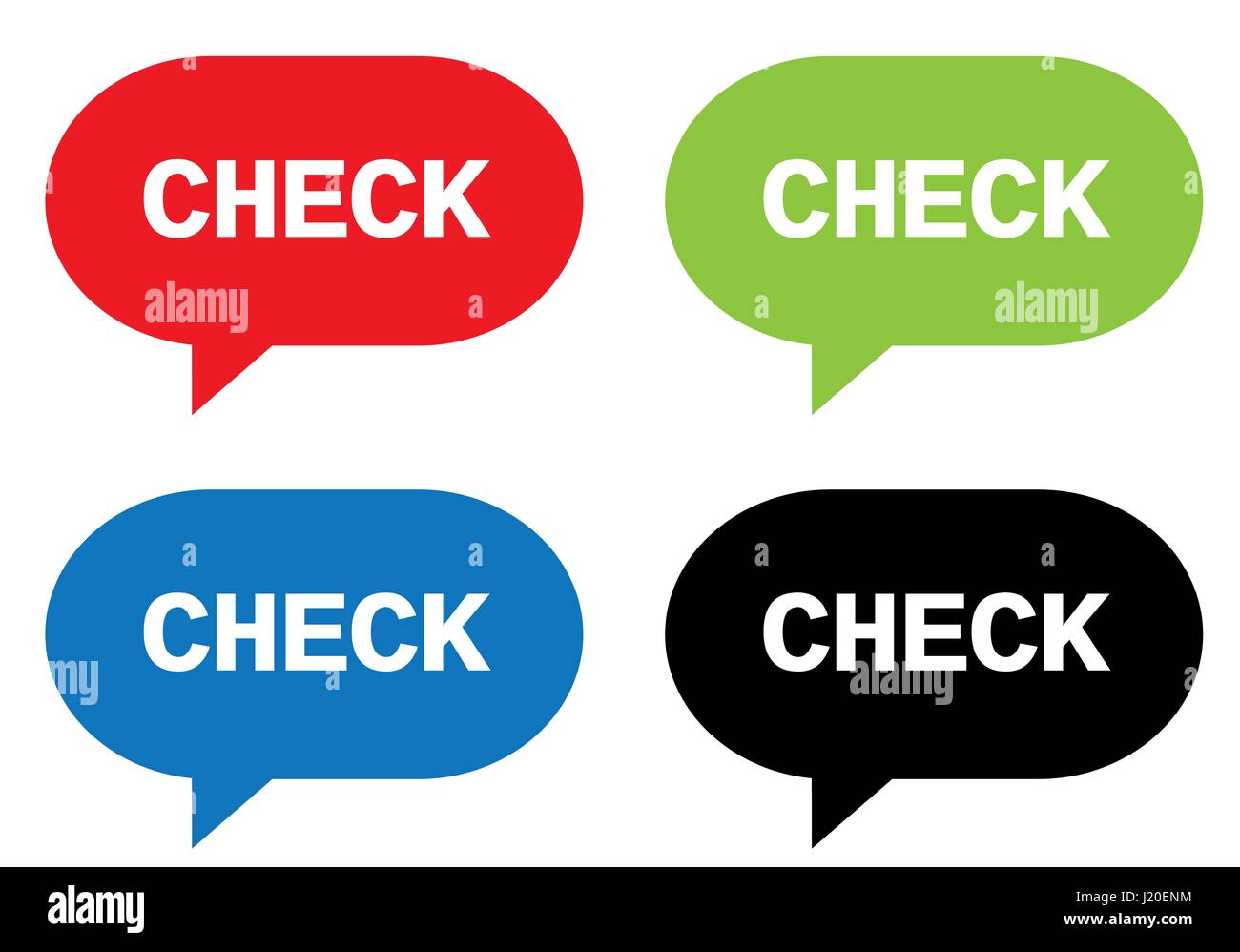 CHECK text, on rectangle speech bubble sign, in color set Stock Photo ...