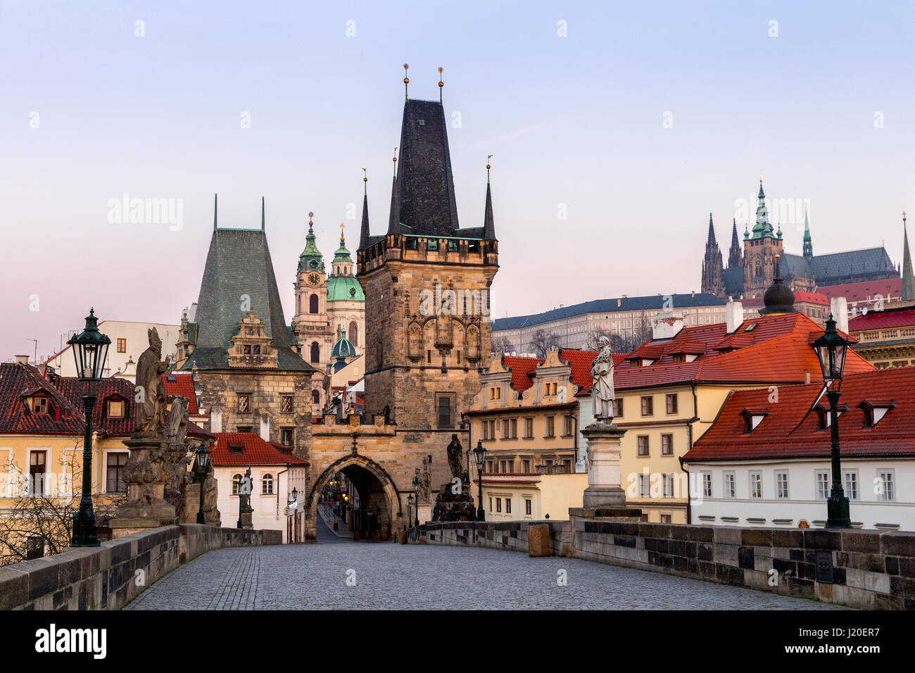 Charles Bridge (Karluv Most) and Old Town Tower, the most beautiful bridge in Czechia. Prague ...