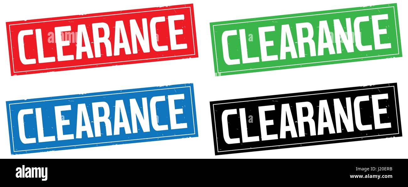 CLEARANCE text, on rectangle stamp sign, in color set Stock Photo - Alamy