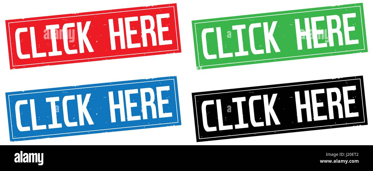 CLICK HERE text, on rectangle stamp sign, in color set Stock Photo - Alamy