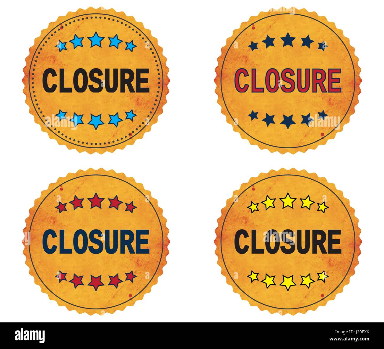 CLOSURE text, on round wavy border vintage stamp badge, in color set ...