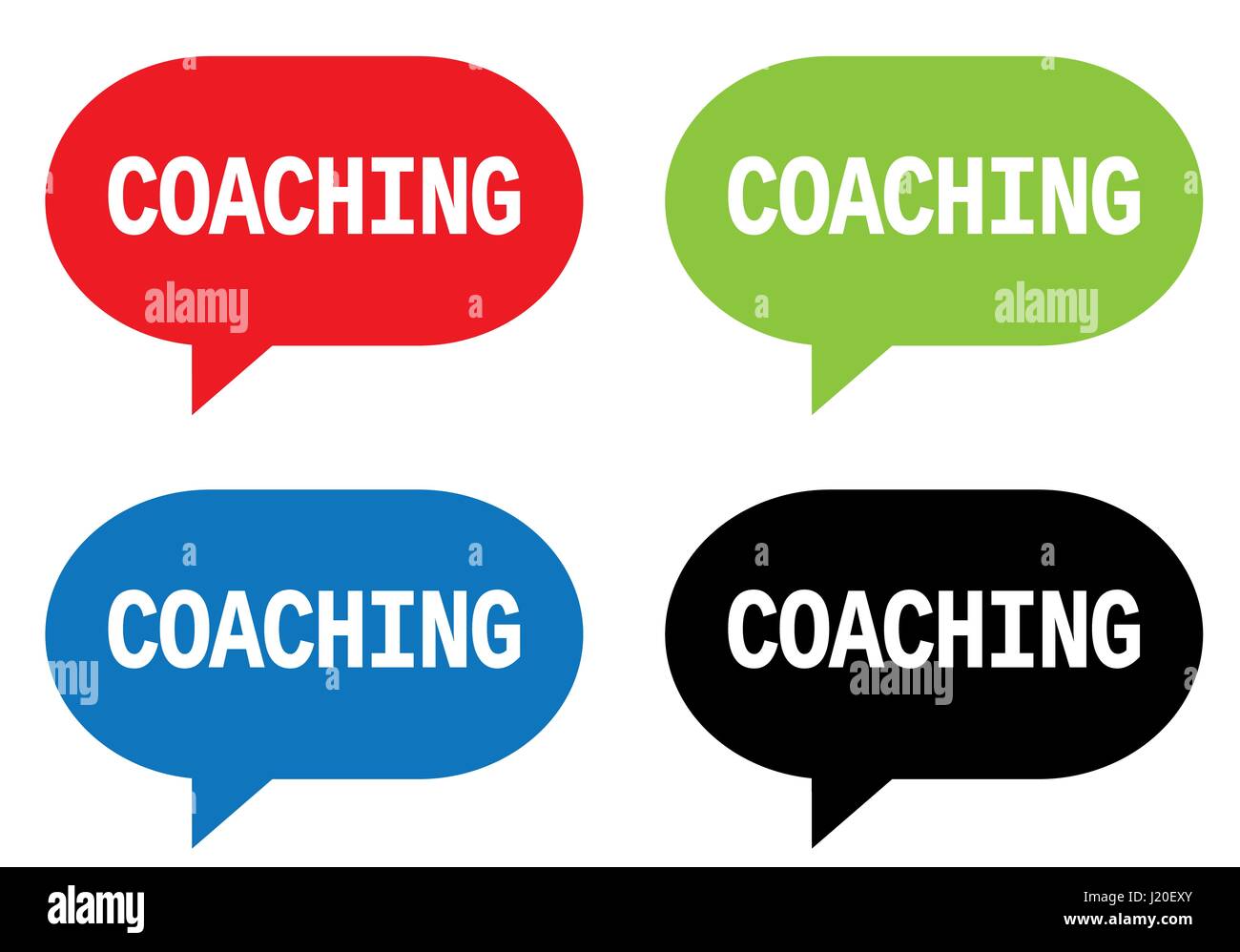COACHING text, on rectangle speech bubble sign, in color set Stock ...