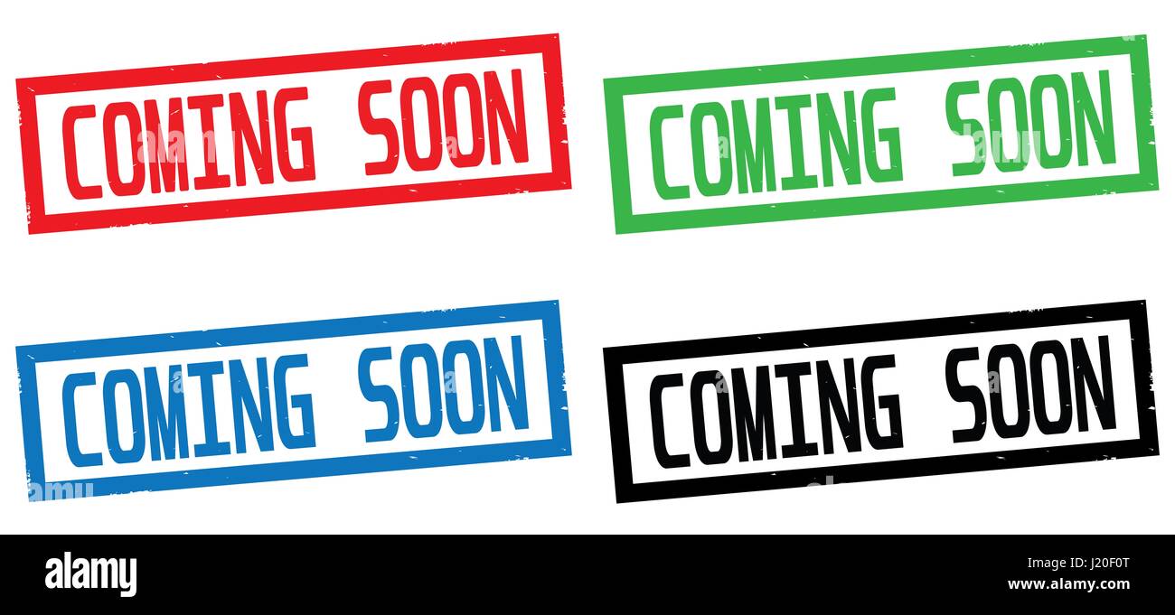 COMING SOON text, on rectangle border stamp sign, in color set Stock ...