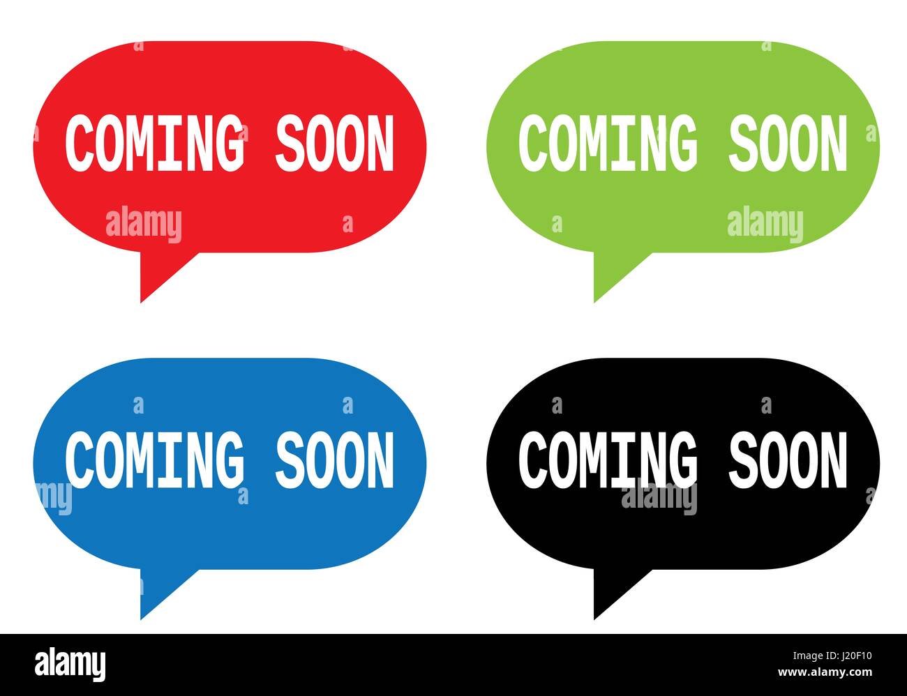 COMING SOON text, on rectangle speech bubble sign, in color set Stock ...