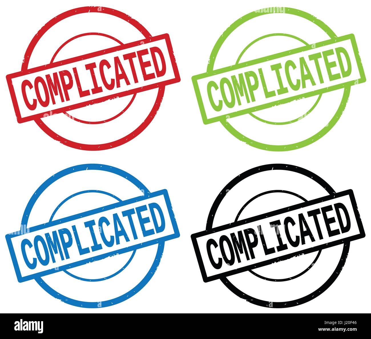 COMPLICATED text, on round simple stamp sign, in color set Stock Photo ...