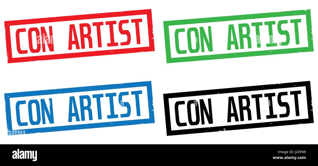 CON ARTIST text, on rectangle border stamp sign, in color set Stock ...