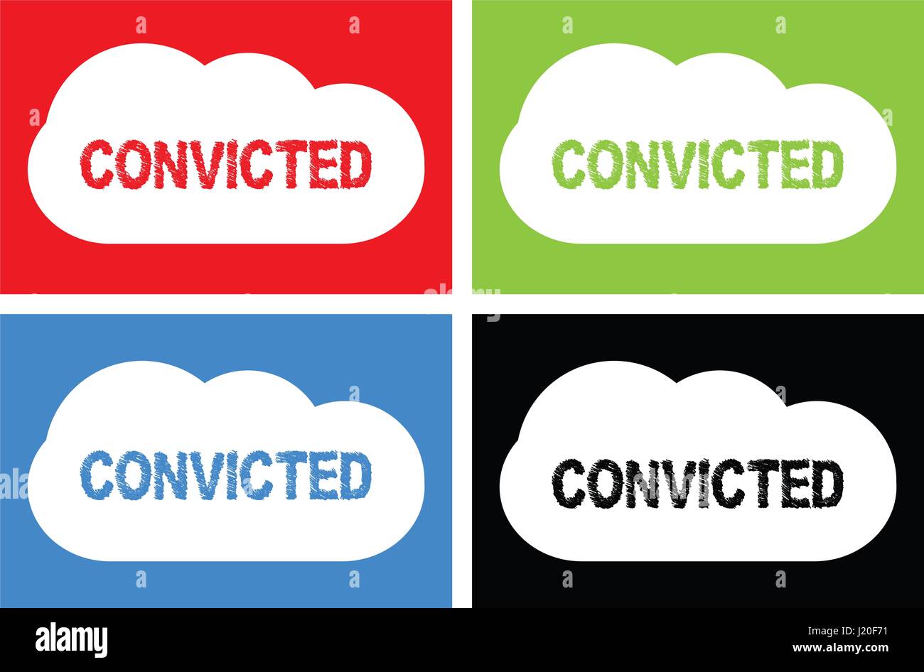 CONVICTED text, on cloud bubble sign, in color set Stock Photo - Alamy