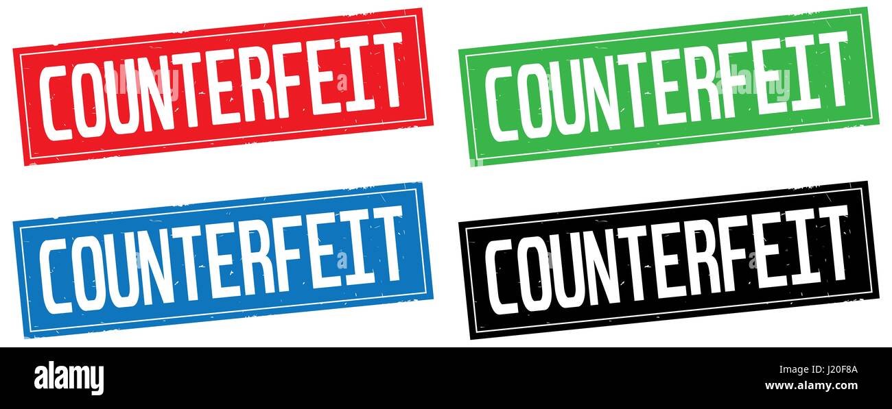 COUNTERFEIT text, on rectangle stamp sign, in color set Stock Photo - Alamy