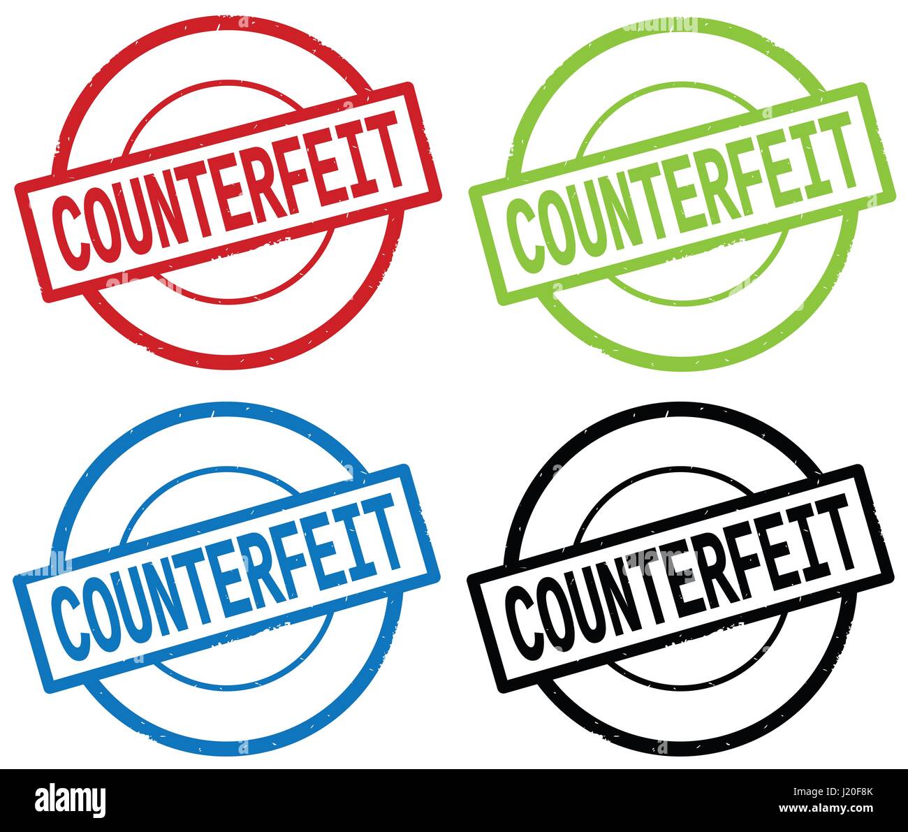 COUNTERFEIT text, on round simple stamp sign, in color set Stock Photo ...