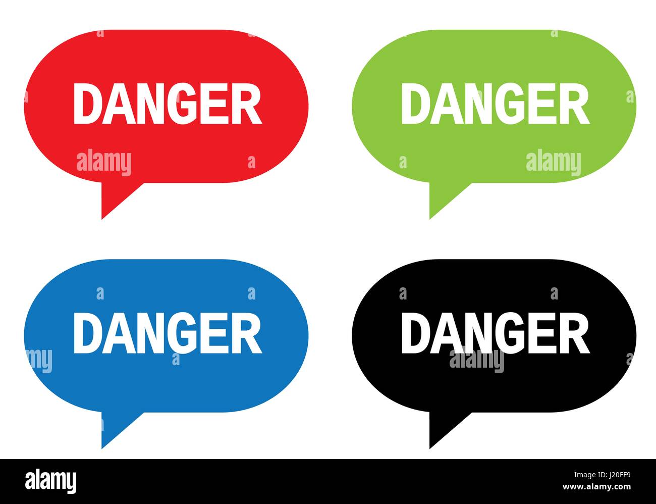 DANGER text, on rectangle speech bubble sign, in color set Stock Photo ...