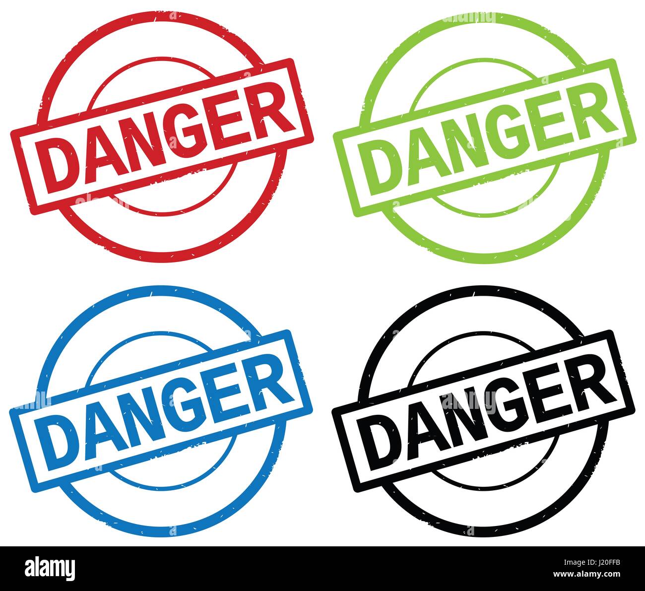 DANGER text, on round simple stamp sign, in color set Stock Photo - Alamy