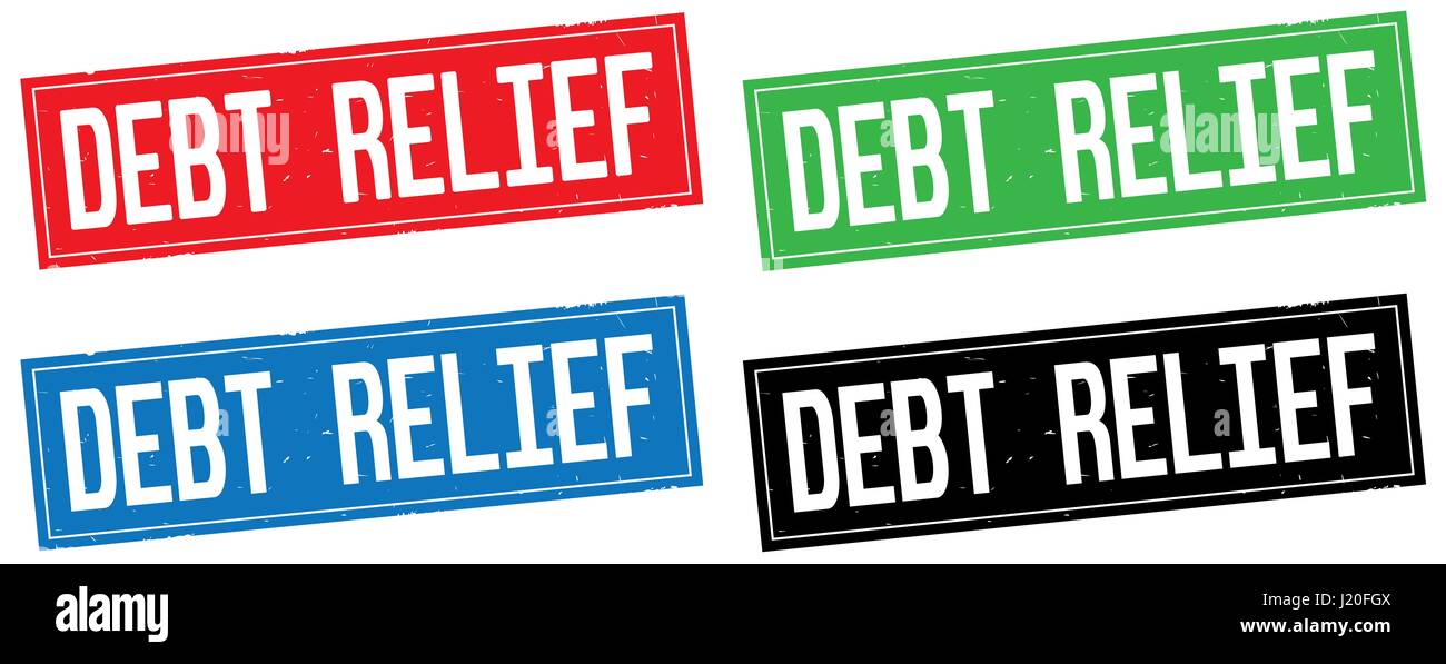 DEBT RELIEF text, on rectangle stamp sign, in color set Stock Photo - Alamy