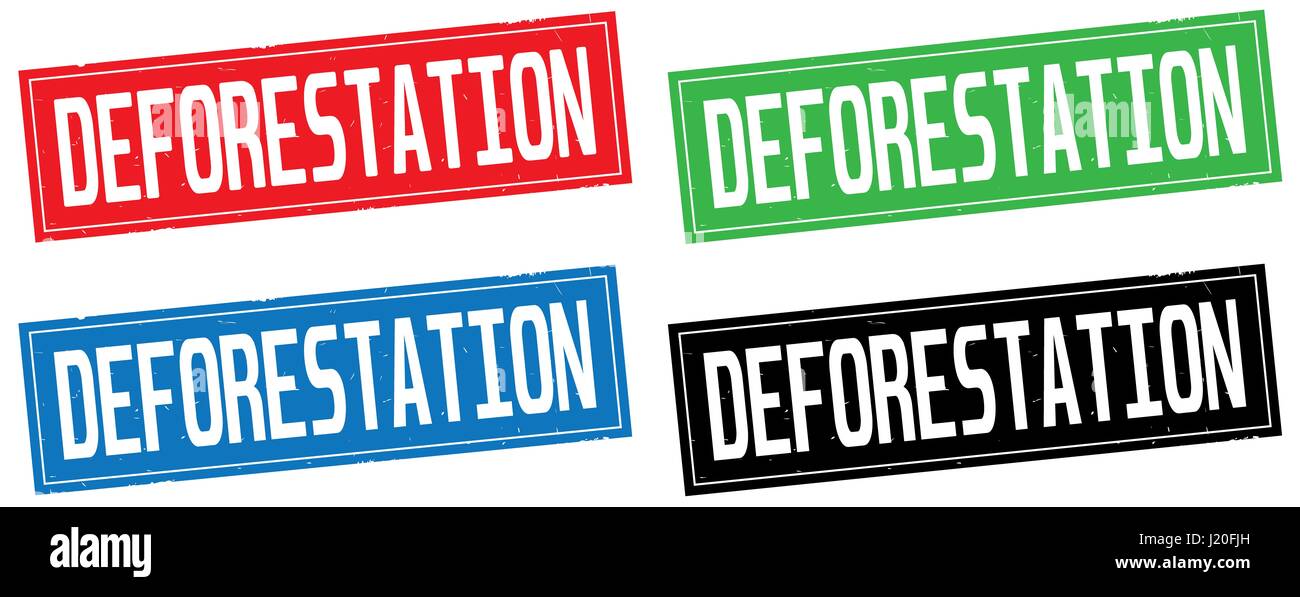 DEFORESTATION text, on rectangle stamp sign, in color set Stock Photo ...
