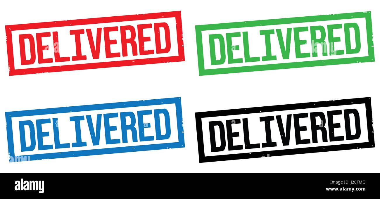 DELIVERED text, on rectangle border stamp sign, in color set Stock ...