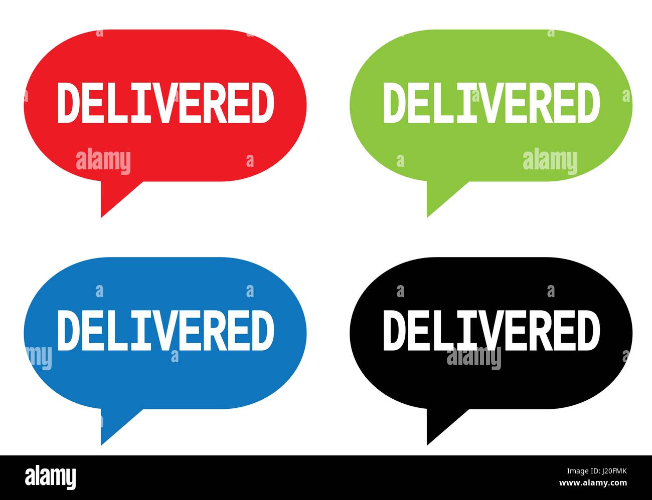 DELIVERED text, on rectangle speech bubble sign, in color set Stock ...