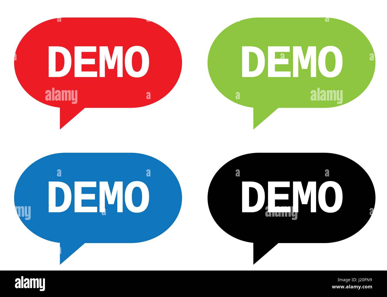 DEMO text, on rectangle speech bubble sign, in color set Stock Photo ...