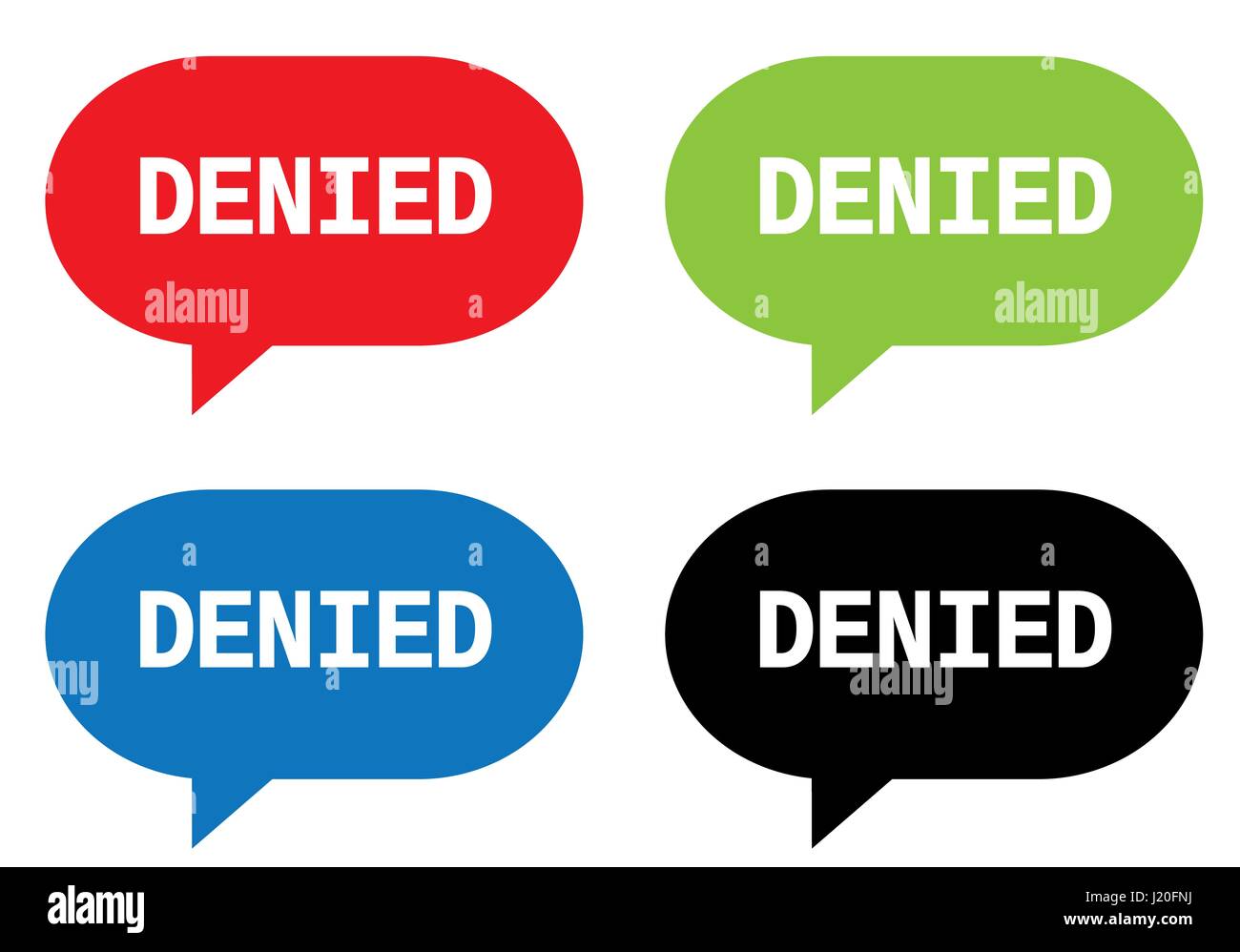 DENIED text, on rectangle speech bubble sign, in color set Stock Photo ...