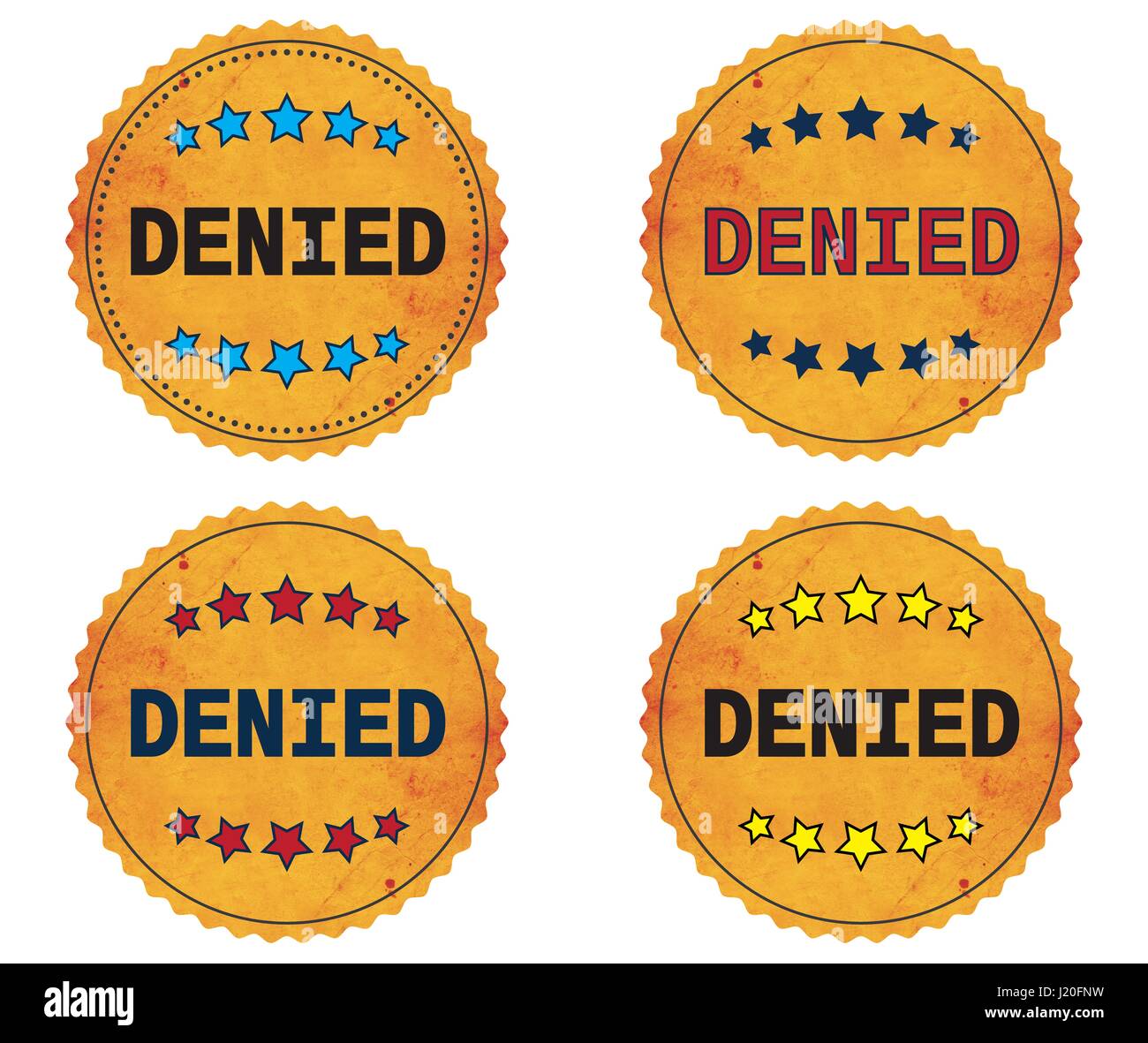 DENIED text, on round wavy border vintage stamp badge, in color set ...