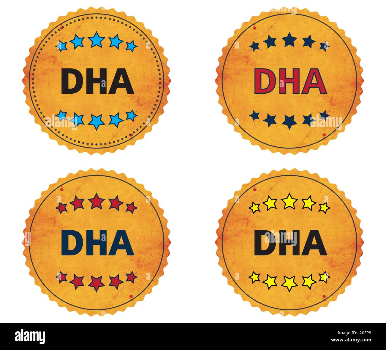 DHA text, on round wavy border vintage stamp badge, in color set Stock ...