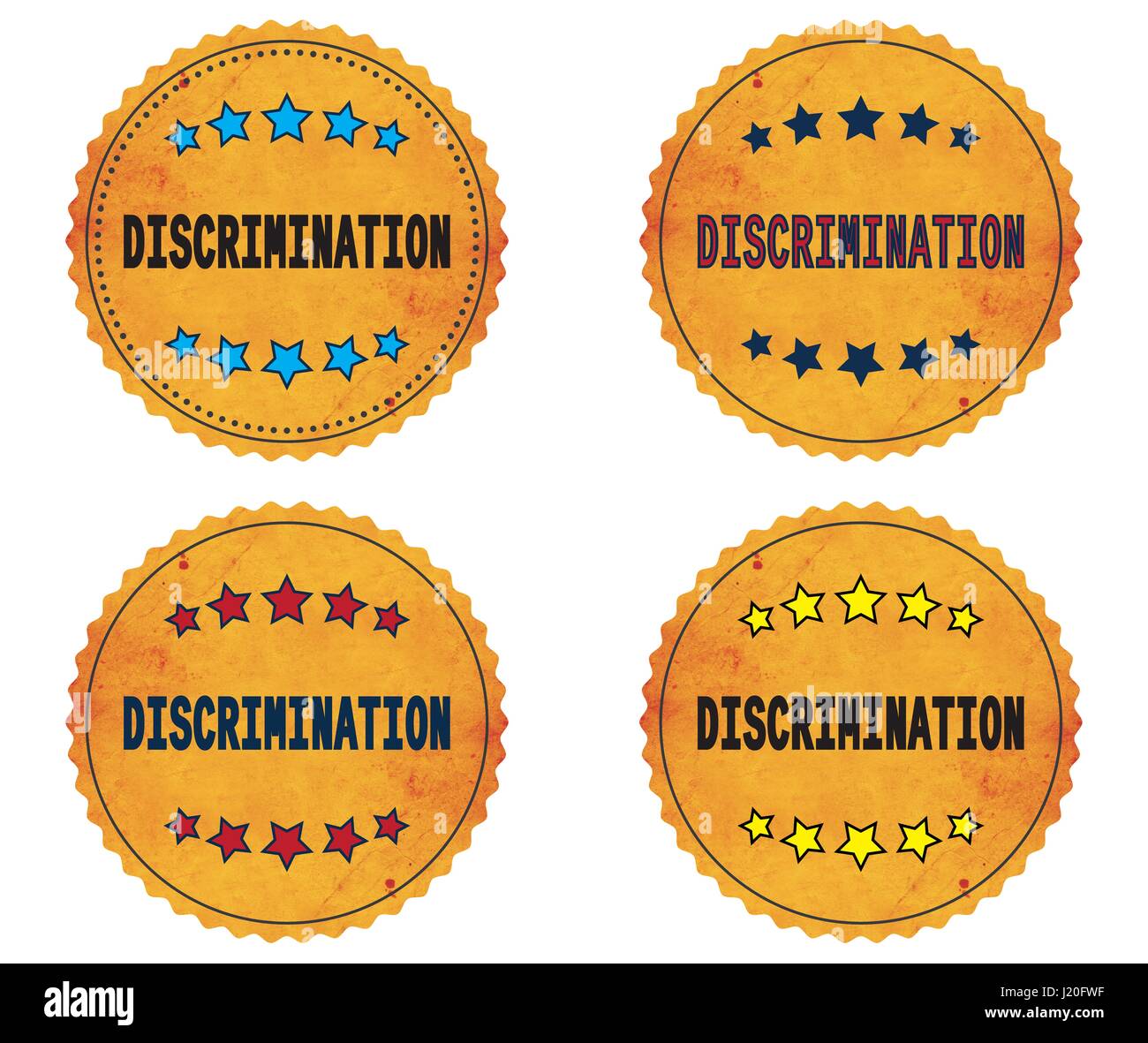 DISCRIMINATION text, on round wavy border vintage stamp badge, in color ...