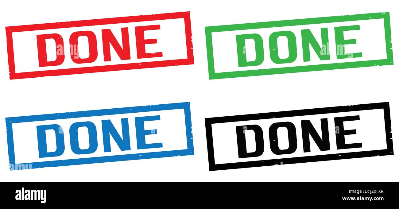 DONE text, on rectangle border stamp sign, in color set Stock Photo - Alamy