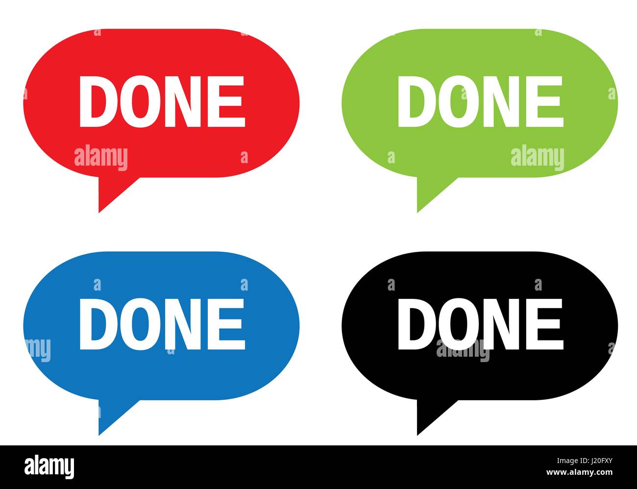 DONE text, on rectangle speech bubble sign, in color set Stock Photo ...