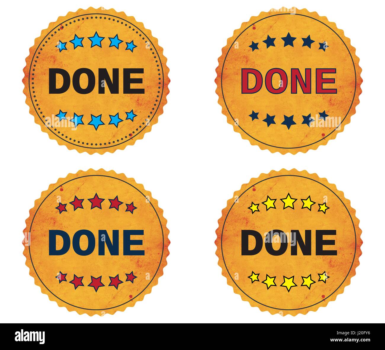 DONE text, on round wavy border vintage stamp badge, in color set Stock ...