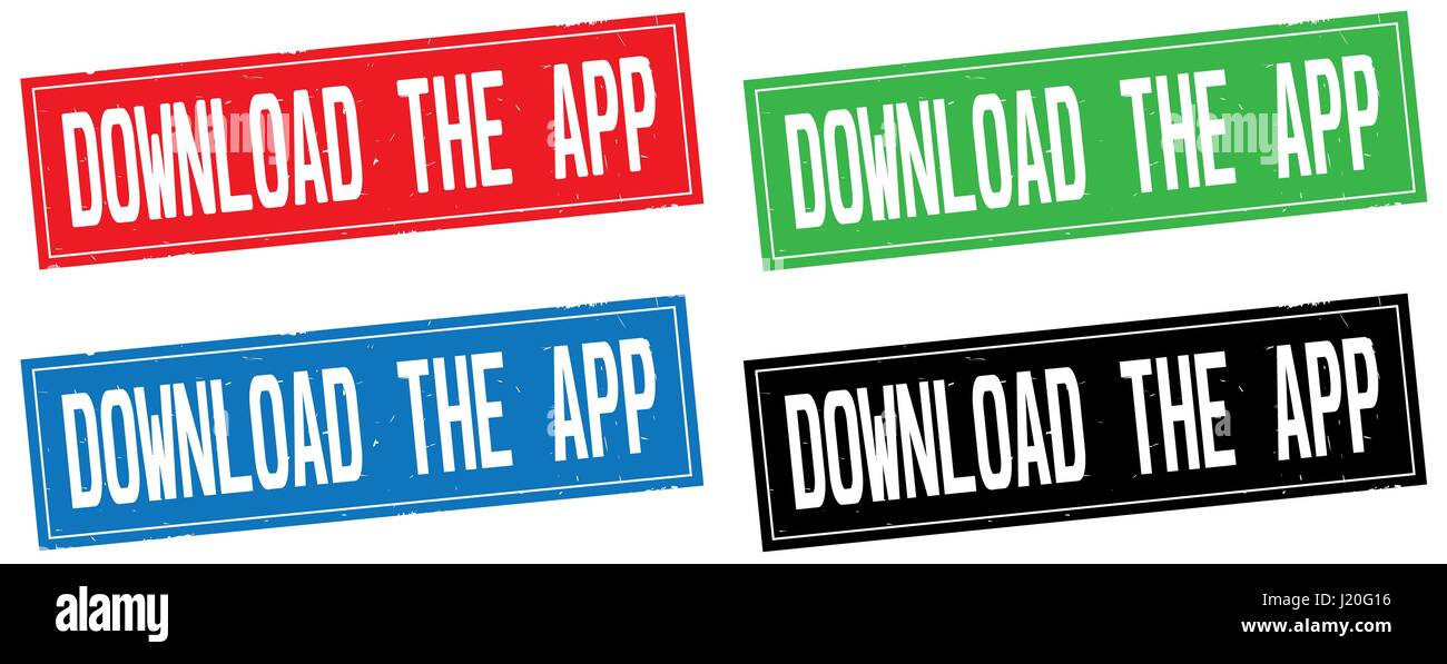 DOWNLOAD THE APP text, on rectangle stamp sign, in color set Stock ...
