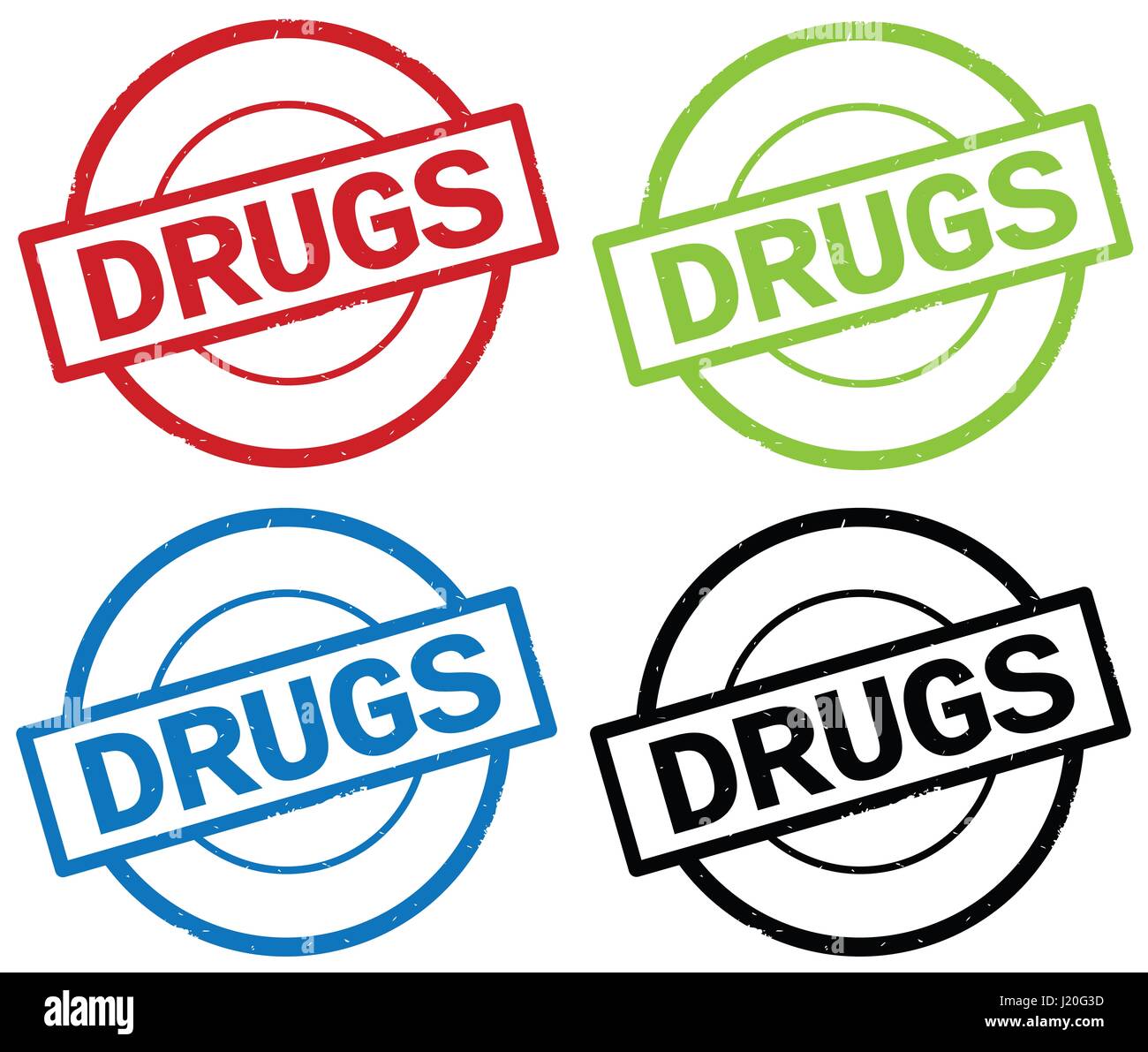 DRUGS text, on round simple stamp sign, in color set Stock Photo - Alamy