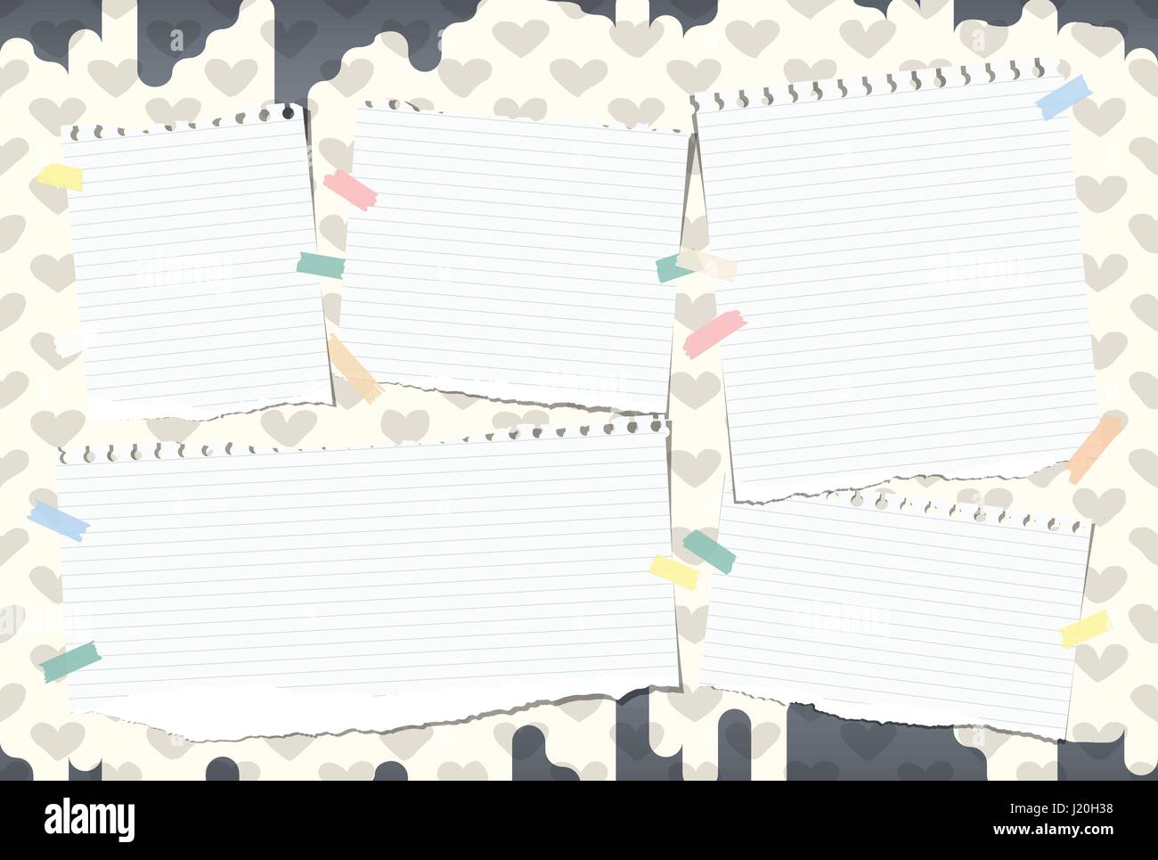 Ripped white notebook, copybook, note paper sheets stuck with colorful ...