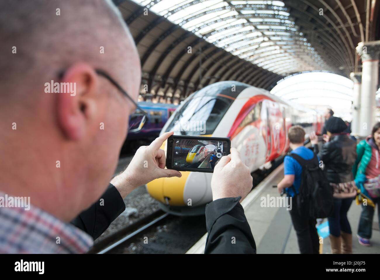 EDITORIAL USE ONLY Virgin Trains' new Azuma at York Station, at an event to celebrate the past ...