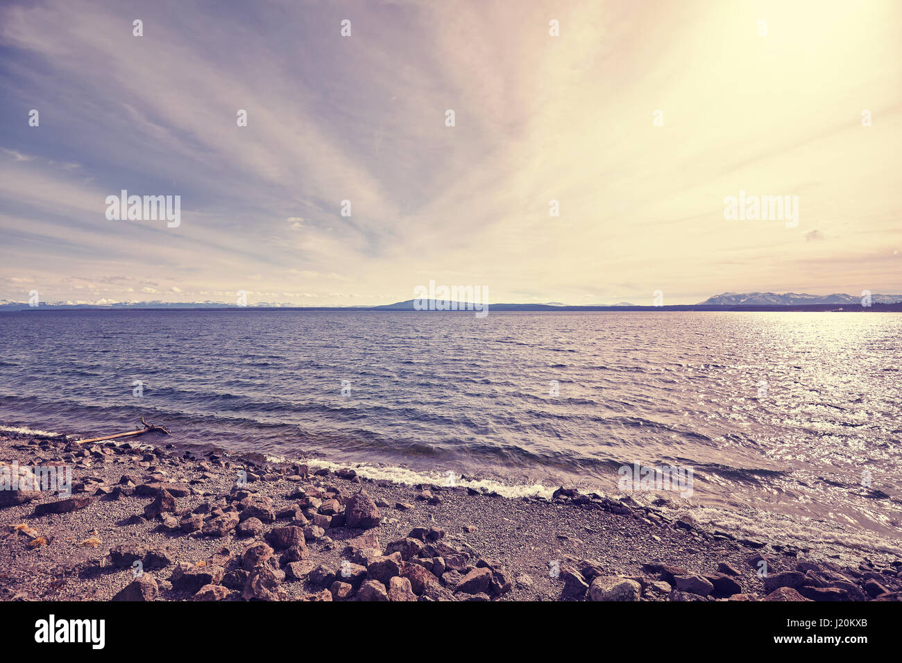 Vintage toned sunset over Yellowstone Lake, Yellowstone National Park ...