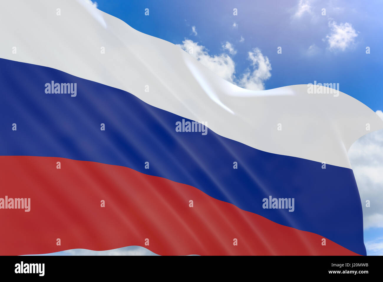 3D rendering of Russia flag waving on blue sky background, Russia Day ...