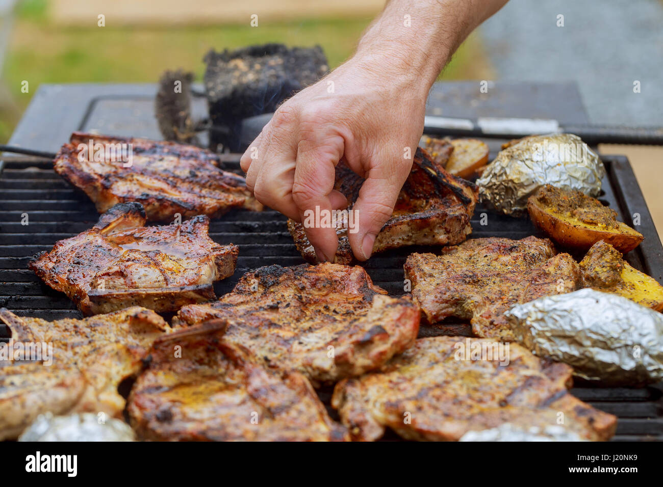 Barbecue grill with various kinds of meat, close-up. steak barbecue ...