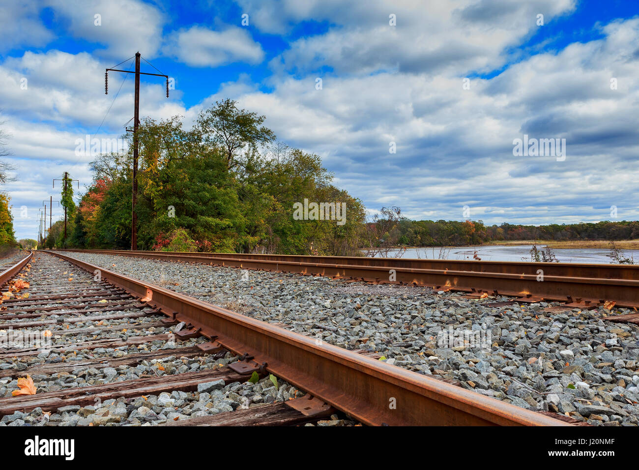 Railroad scene with cargo train road railway wagons Stock Photo - Alamy