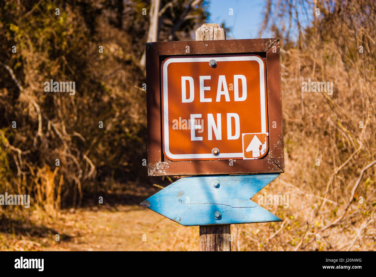 Dead End sign and blank sign shaped like arrow along path Stock Photo ...