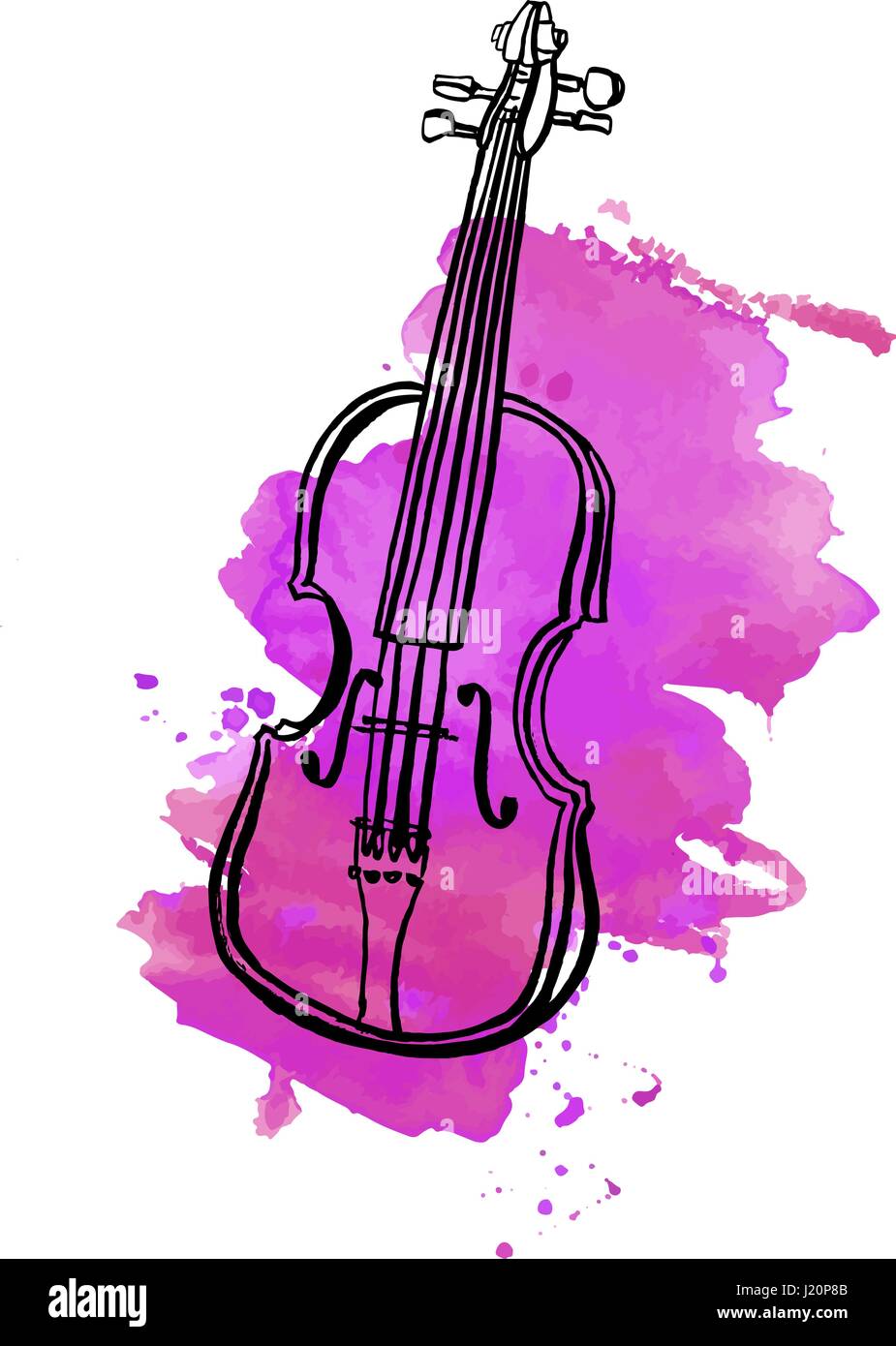 Pen and ink drawing of vintage violin with watercolor stain Stock ...