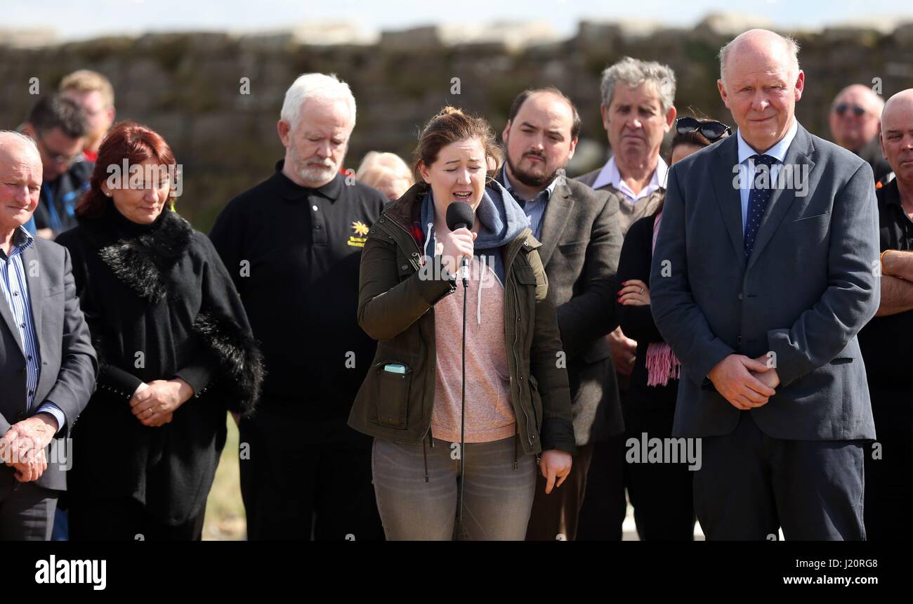 Orla Smith, sister of winchman Cairan Smith, addresses the crowd during ...