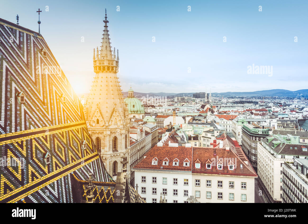 Aerial view over the rooftops of Vienna from the north tower of famous ...